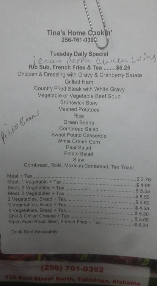 Menu at Tina's Home Cookin' restaurant, Talladega