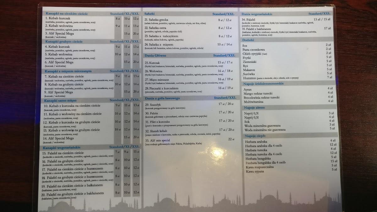 Carta de Alif Kebab Restaurant, Ciechanow