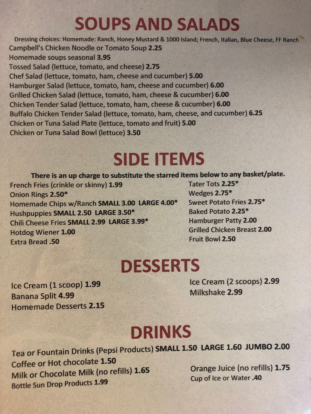 Menu at Bulldog Quik-Snak restaurant, Boiling Springs