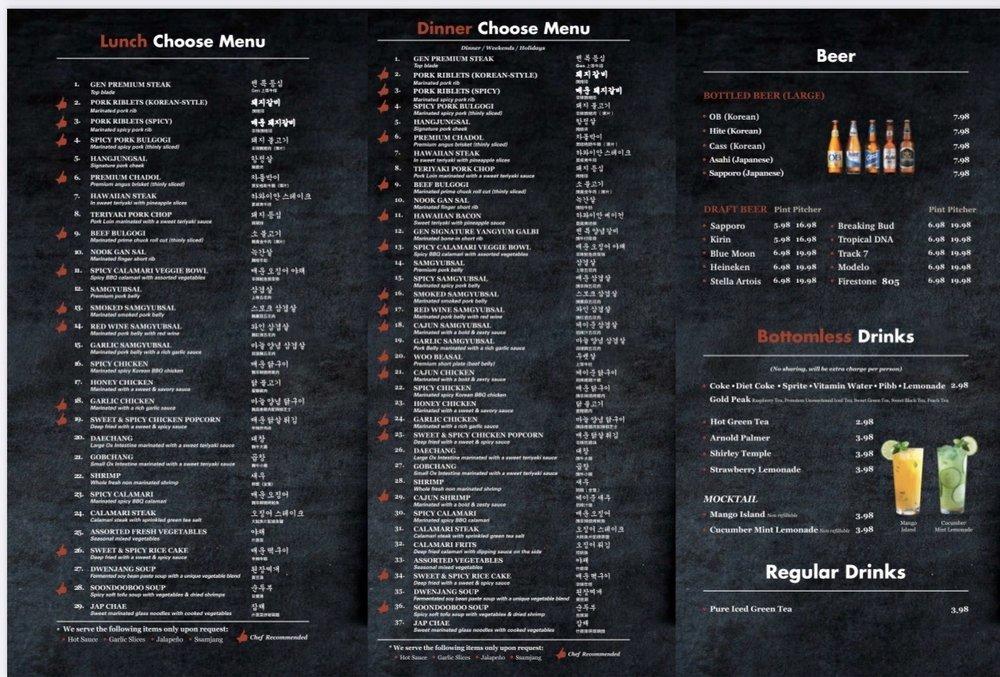 Menu at Gen Korean BBQ House, Sacramento