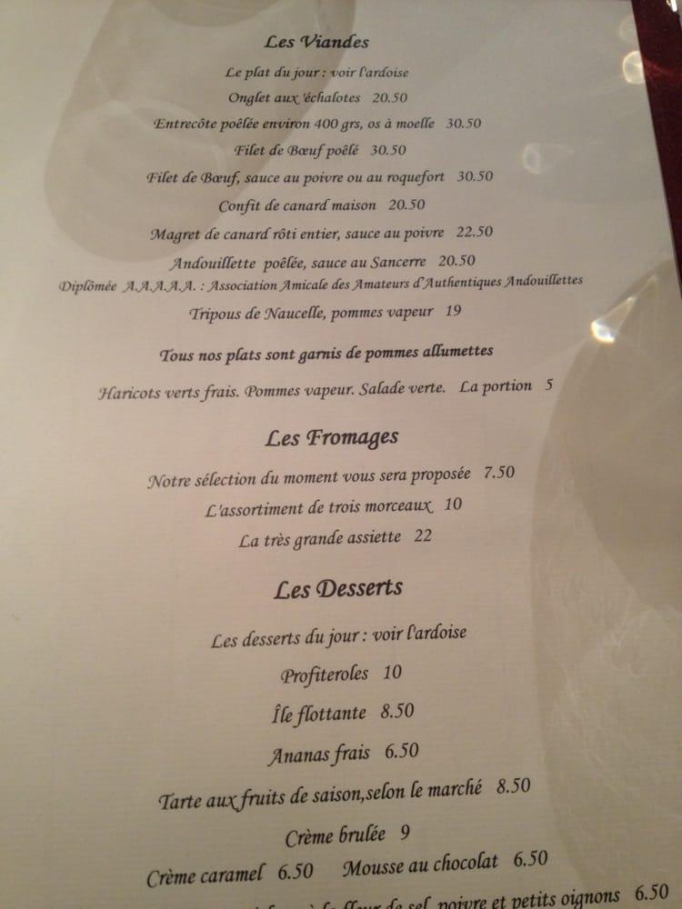 Menu at Le Griffonnier restaurant, Paris