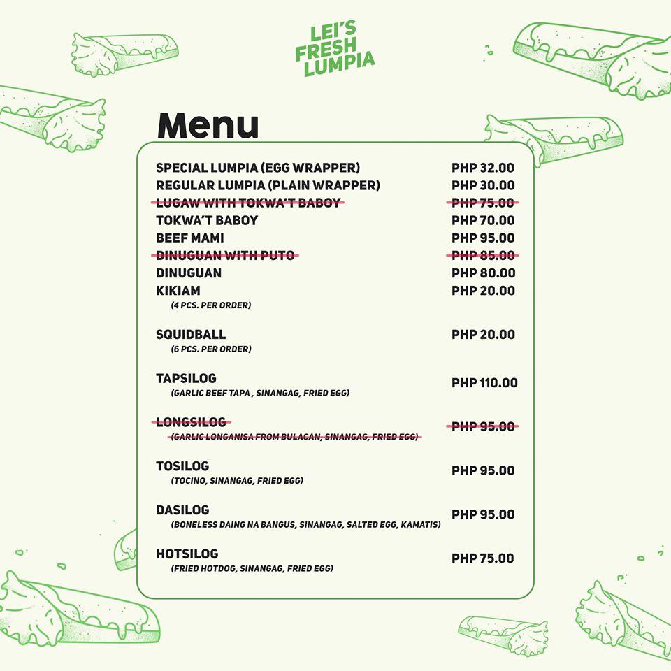 Menu at Lei Fresh Lumpia restaurant, Quezon City