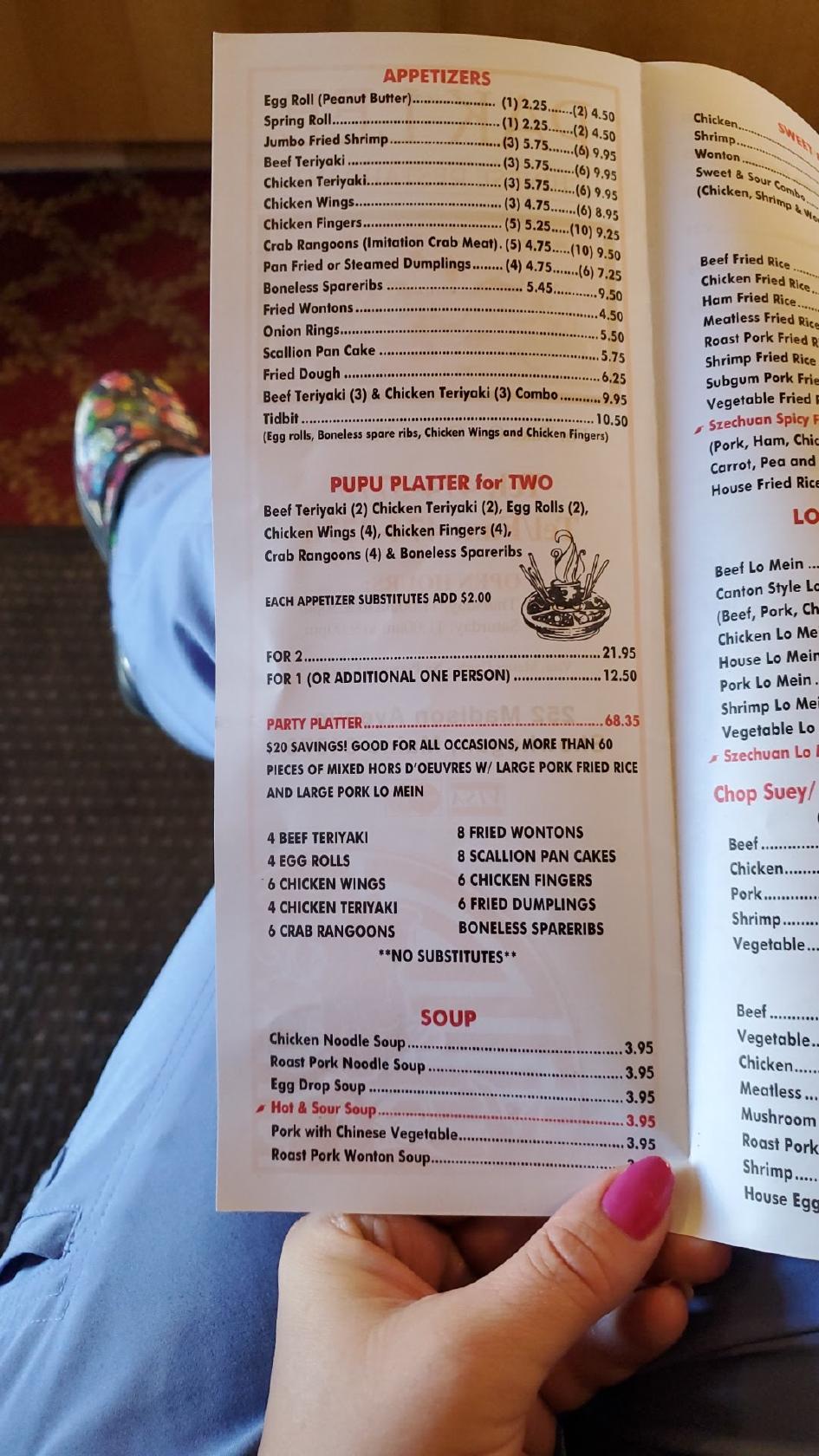 Menu at Pak Lee restaurant, Skowhegan