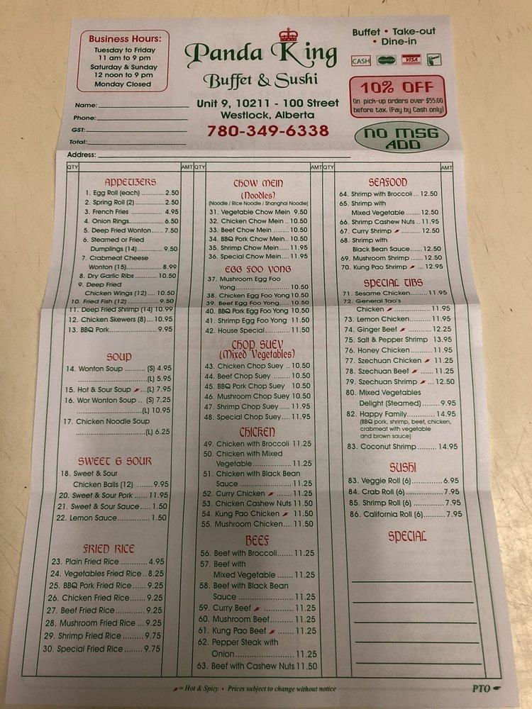 Menu at Panda King Buffet & Sushi restaurant, Westlock