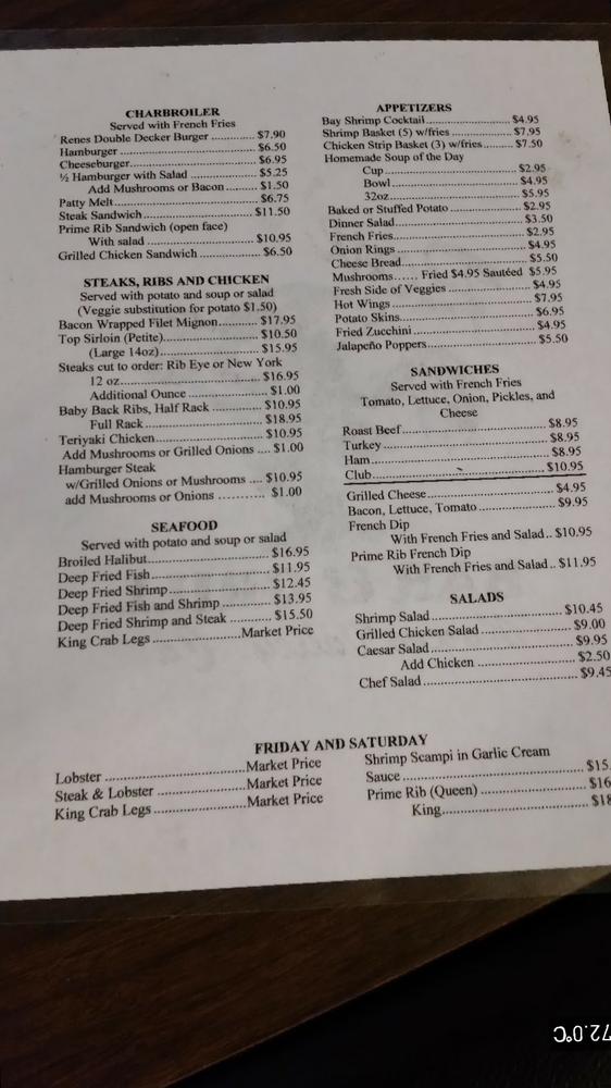 Menu at Rene's pub & bar, Moreno Valley