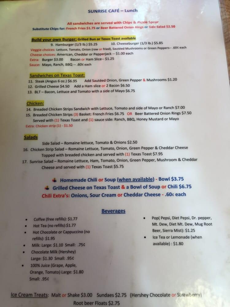 Menu at Sunrise Cafe, Lino Lakes