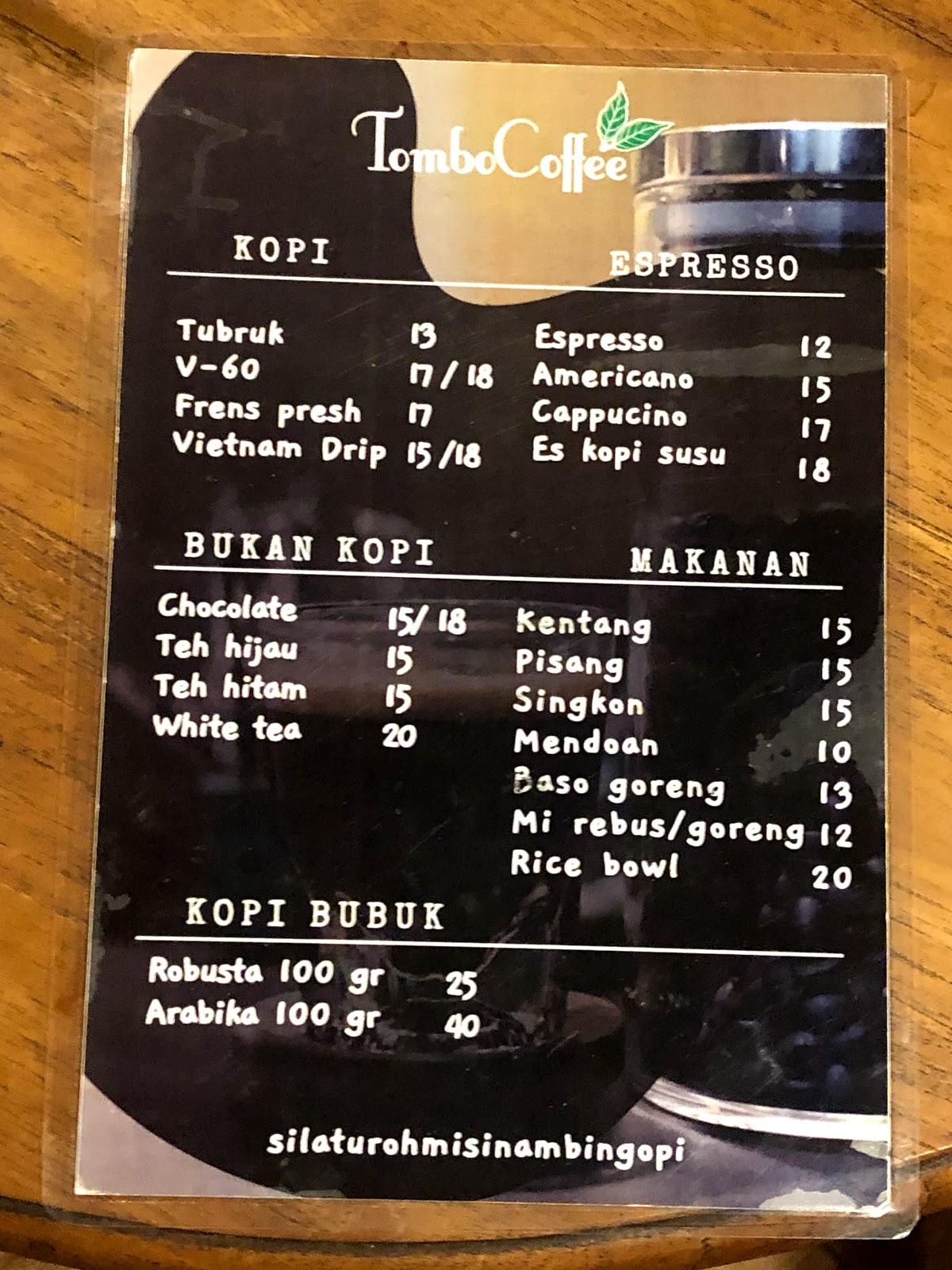 Menu at Tombo Coffee cafe, Indonesia, Jl. Puncak No.KM. 5