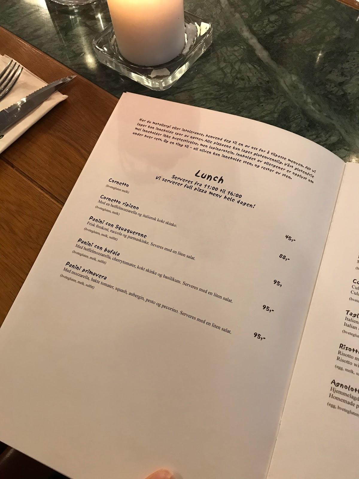Menu at Villa Paradiso Munch Brygge restaurant, Oslo
