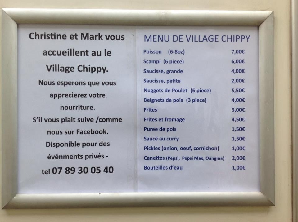 Carta del restaurante Village Chippy, Francia