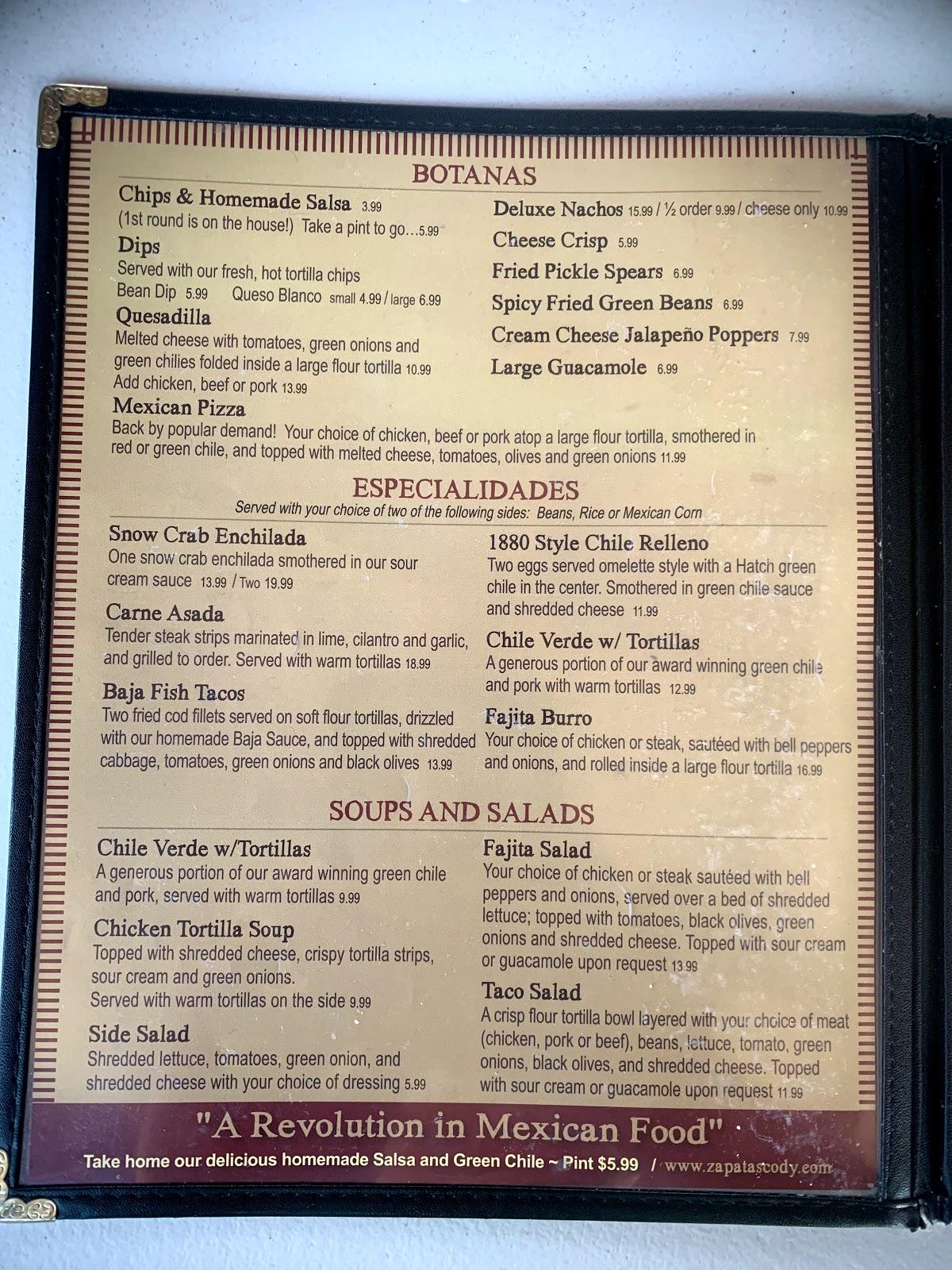 Menu at Zapata's restaurant, Cody, Sheridan Ave