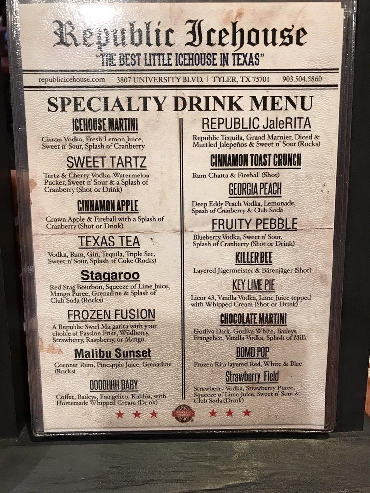 Menu at Republic Icehouse, Tyler