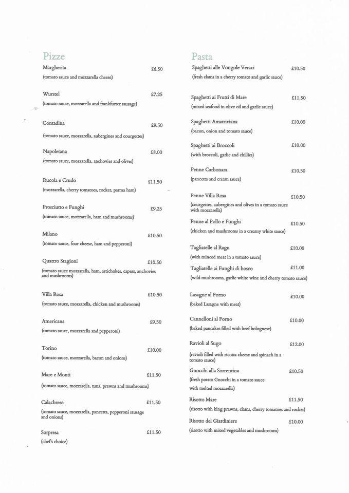Menu at Villa Rosa restaurant, Egham, 13-15 High St