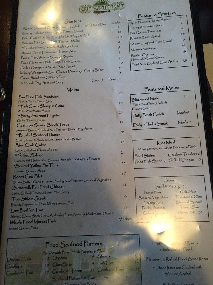 Menu at North Beach Fish Camp pub & bar, Neptune Beach
