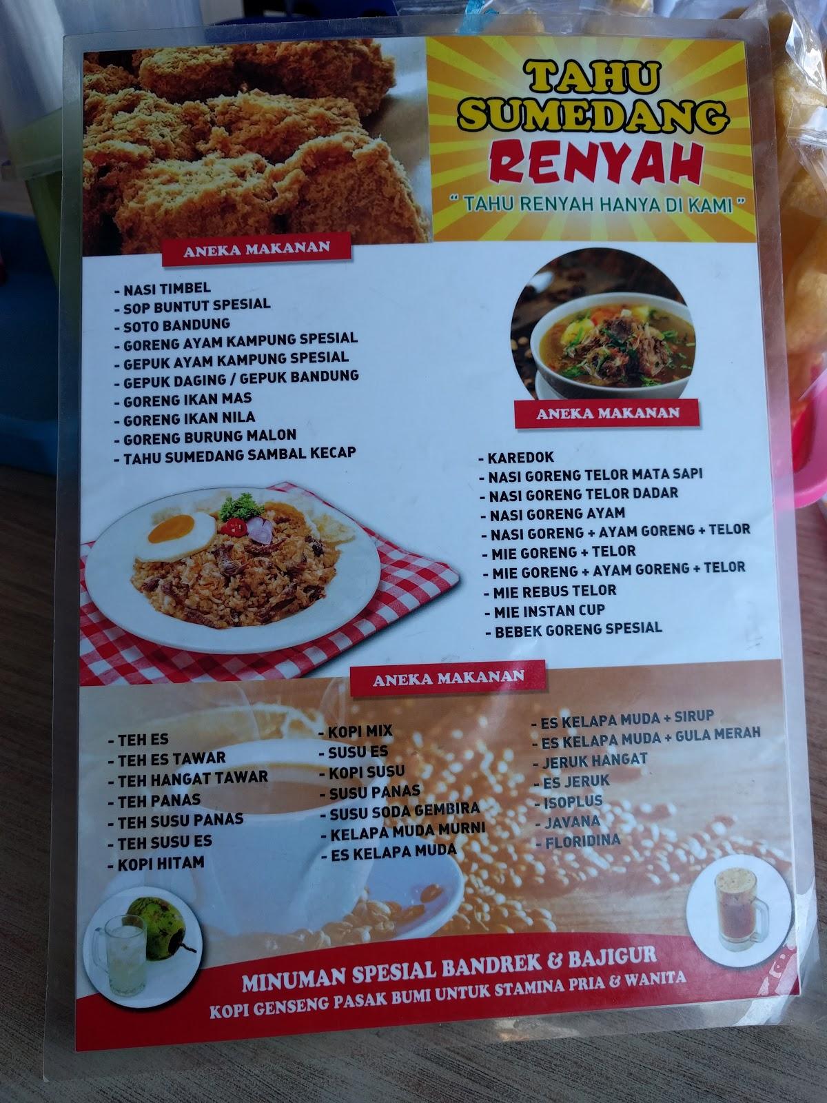 Menu at RM Tahu Sumedang Renyah restaurant, Indonesia