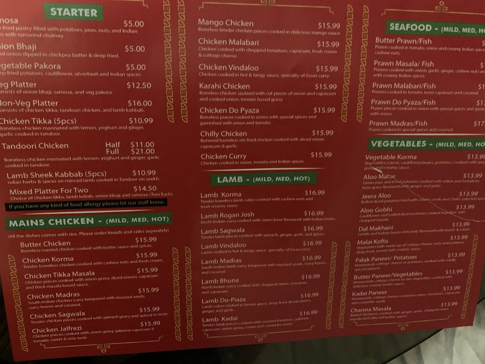 Menu at Red Chillies Indian Cuisine restaurant, Temuka