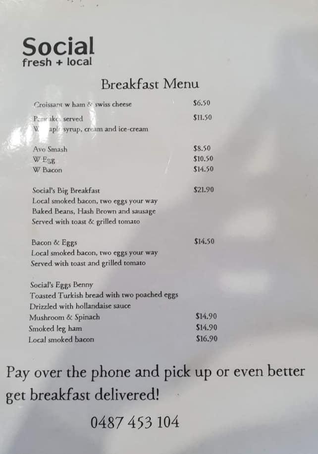 Menu at Social Fresh and Local cafe, Walkerston
