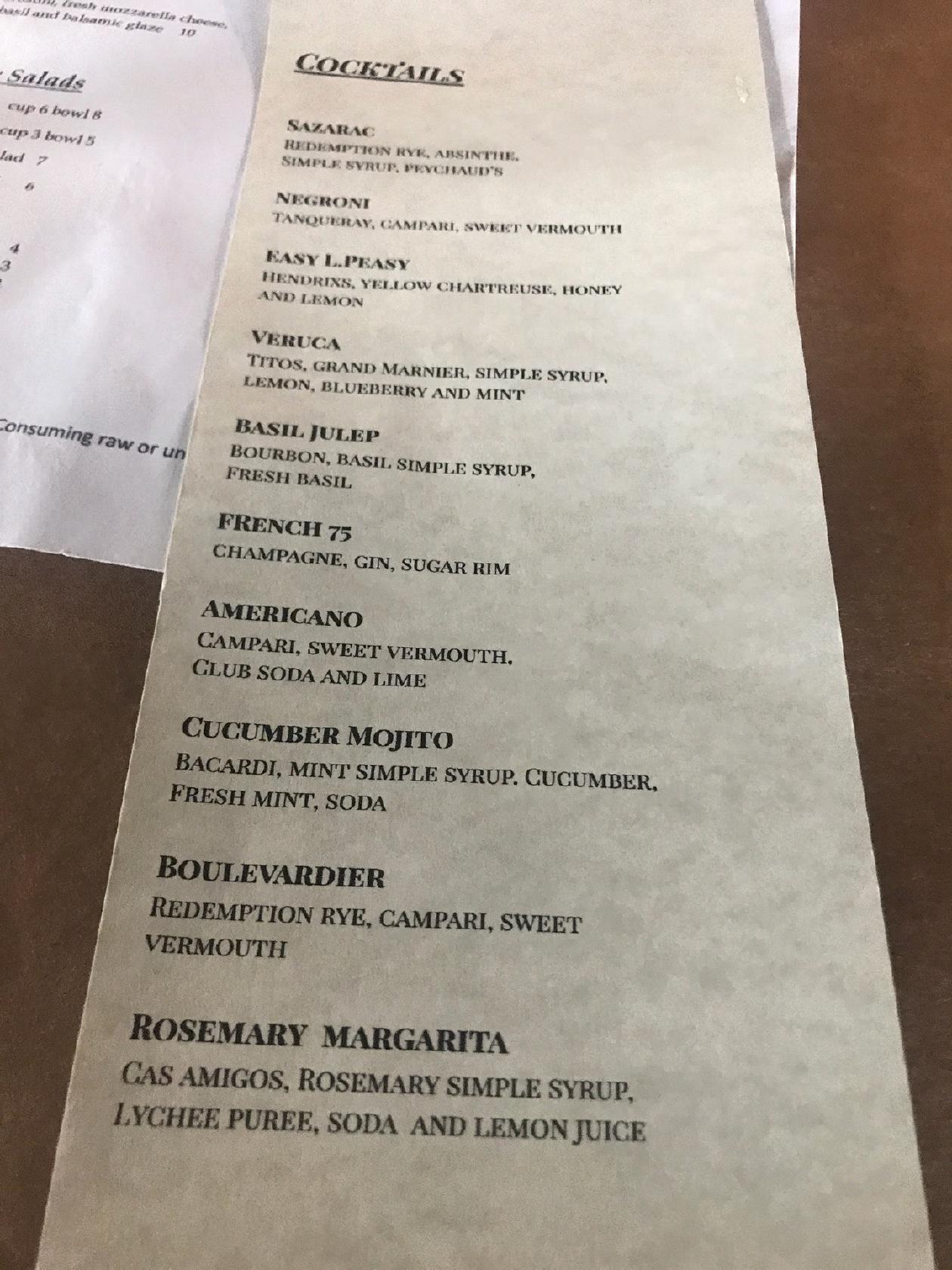 Menu at Table 14 restaurant, Ludington
