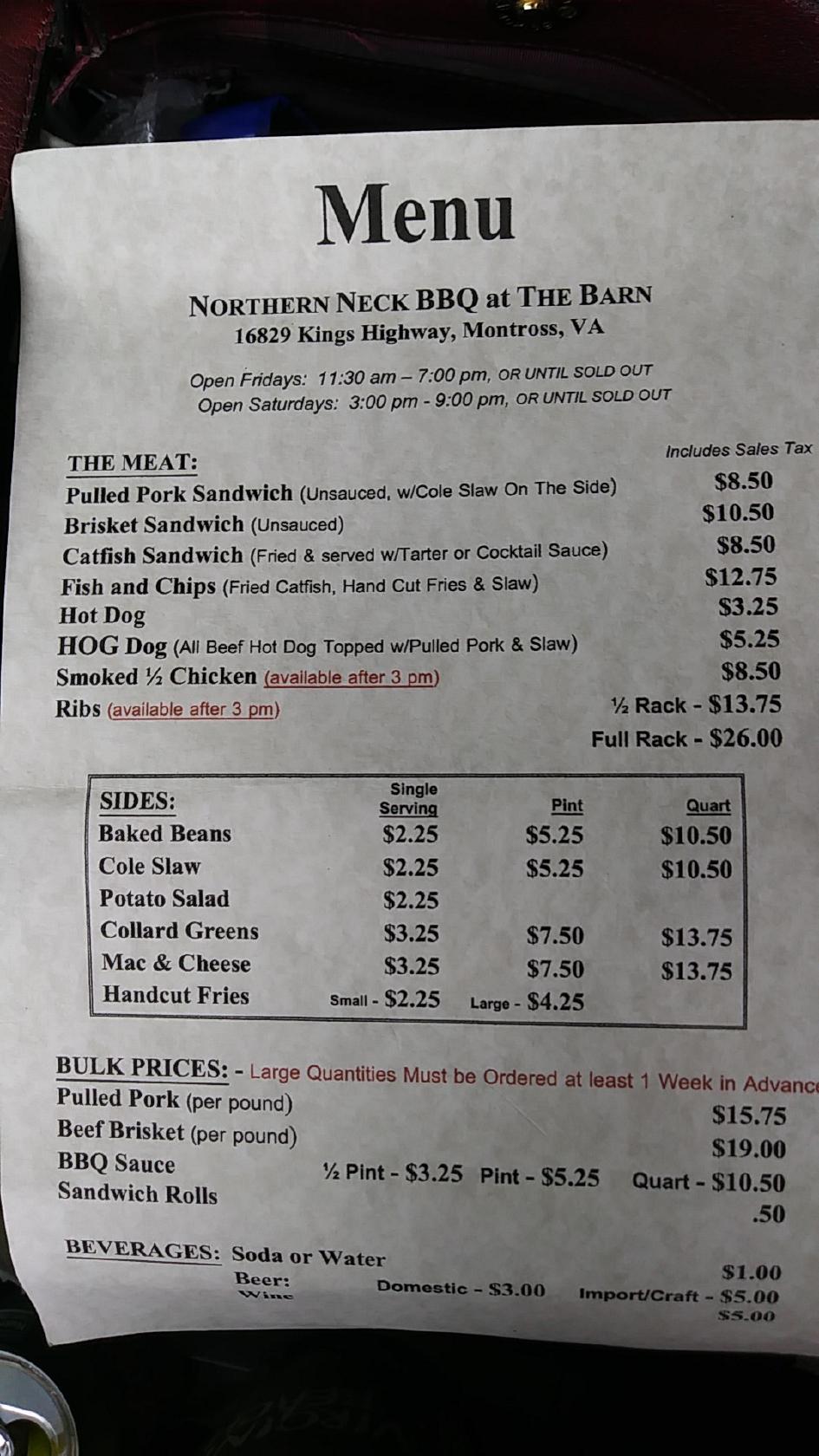 Menu at Northern Neck BBQ, Montross
