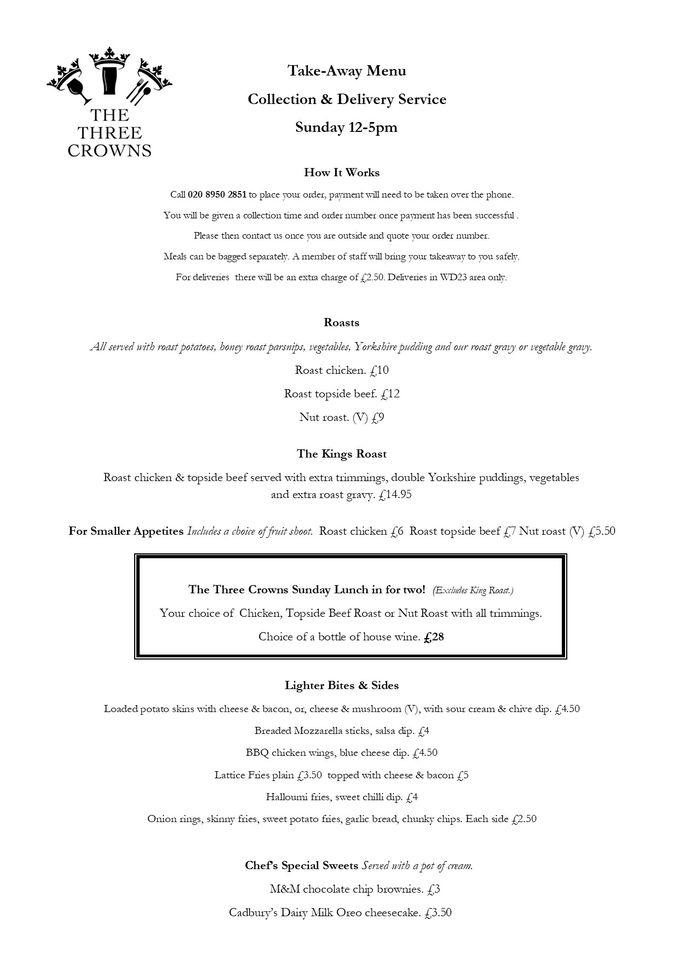 Menu at The Three Crowns pub & bar, Bushey, 1 High Rd