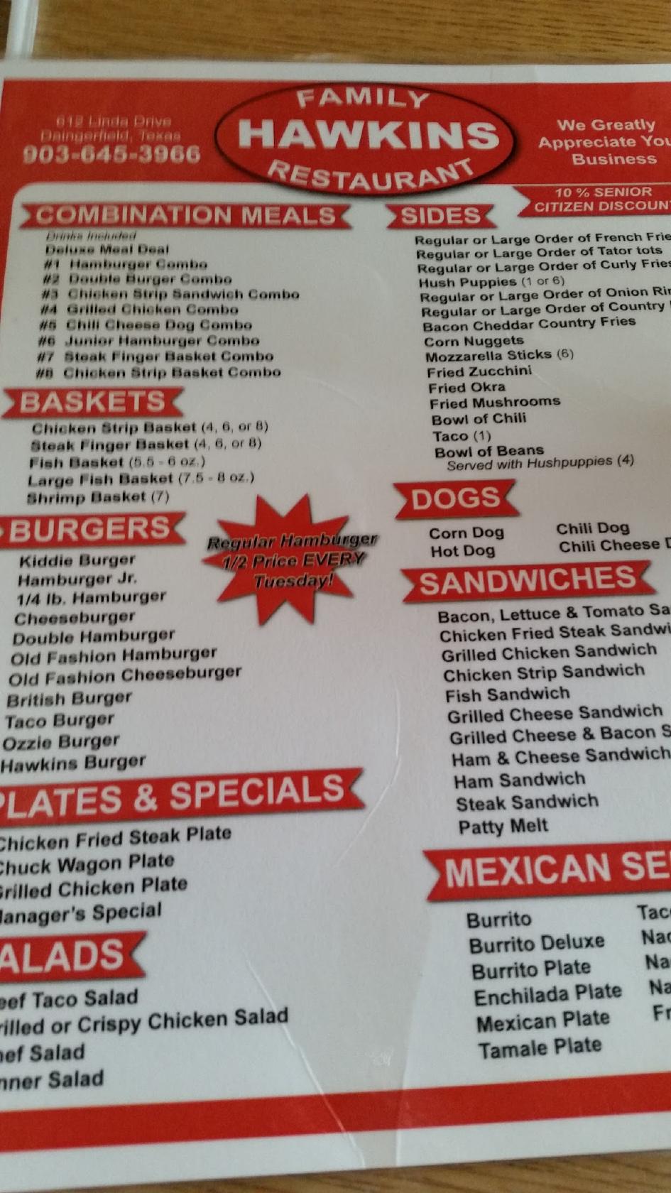 Menu at Hawkin's Family Restaurant, Daingerfield