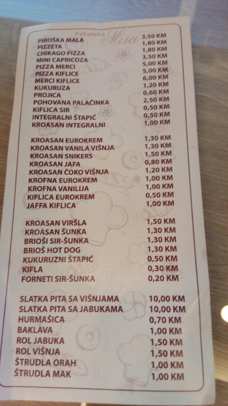 Menu at Merci, Banja Luka, Q59M+MPG