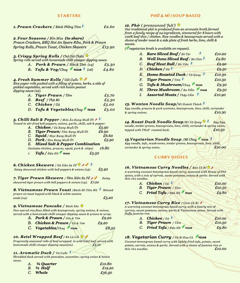 Menu at The House of Phở restaurant, Lincoln