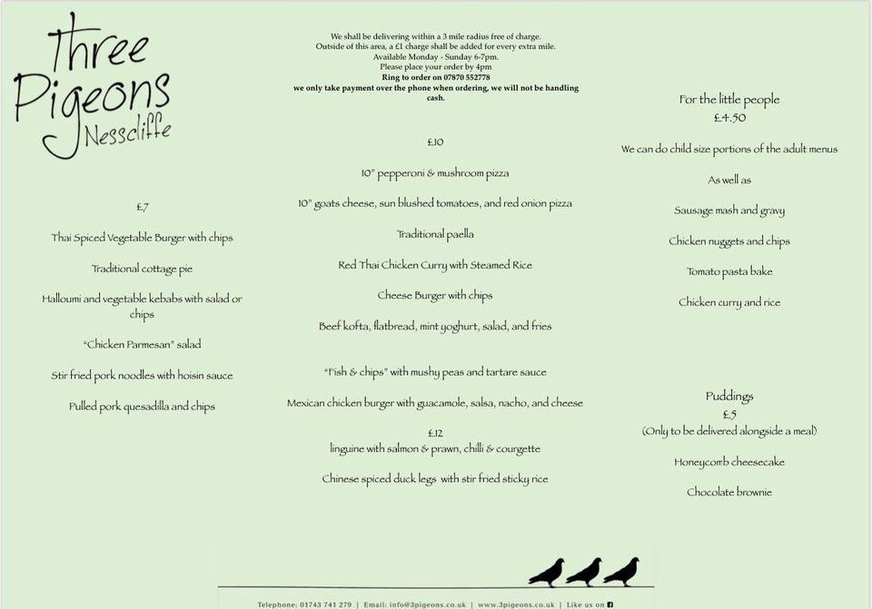 Menu at The Old Three Pigeons pub & bar, Baschurch
