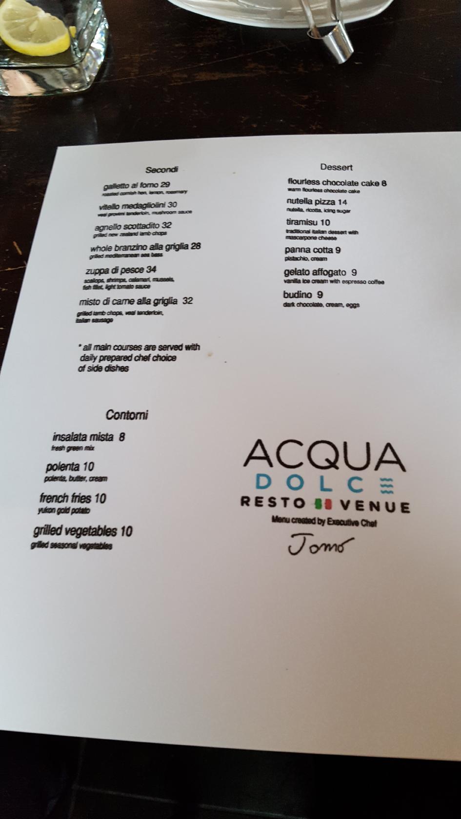 Menu at Acqua Supper Club, Toronto