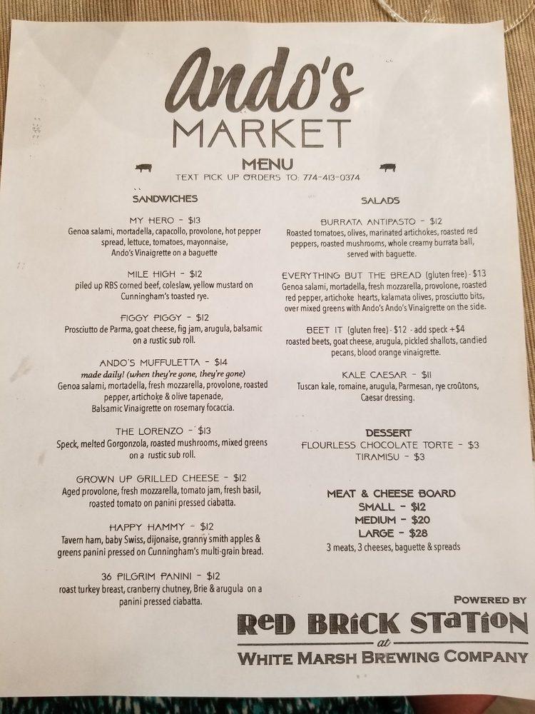 Menu at Ando's Market cafe, White Marsh