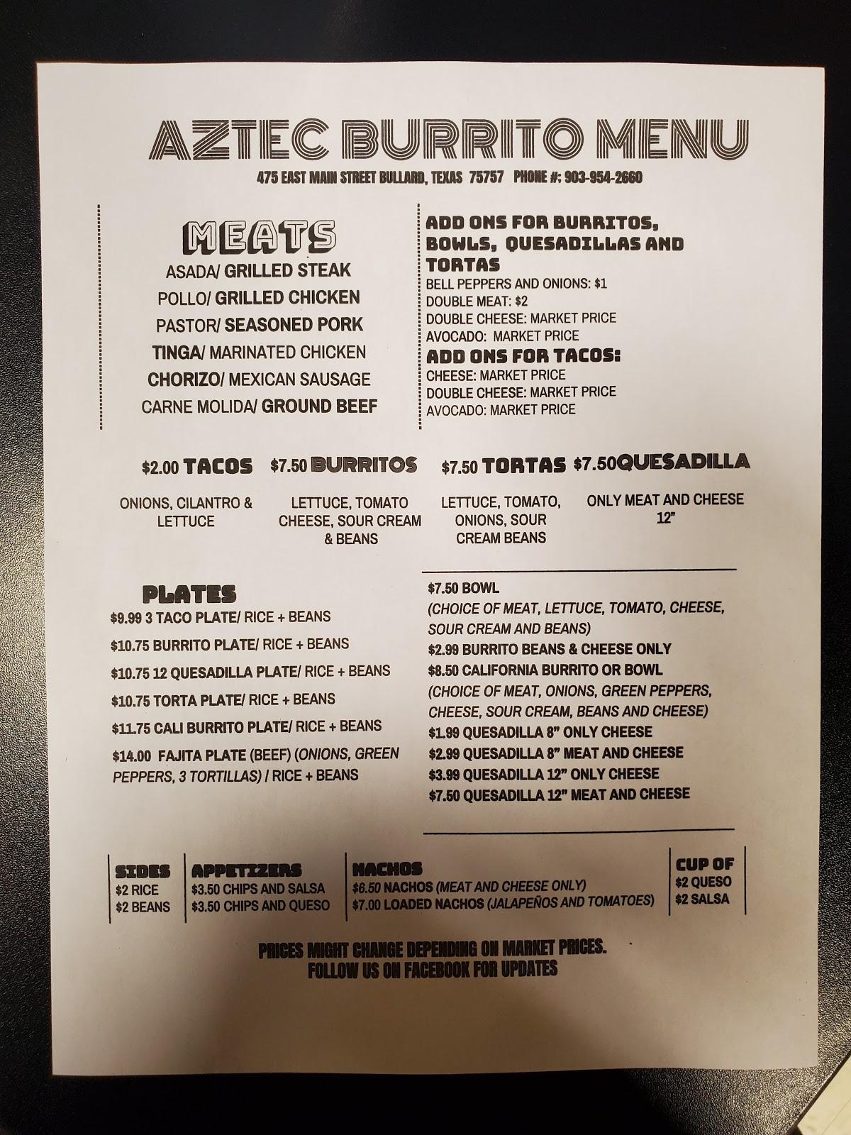 Carta del restaurante Aztec Burrito, Bullard