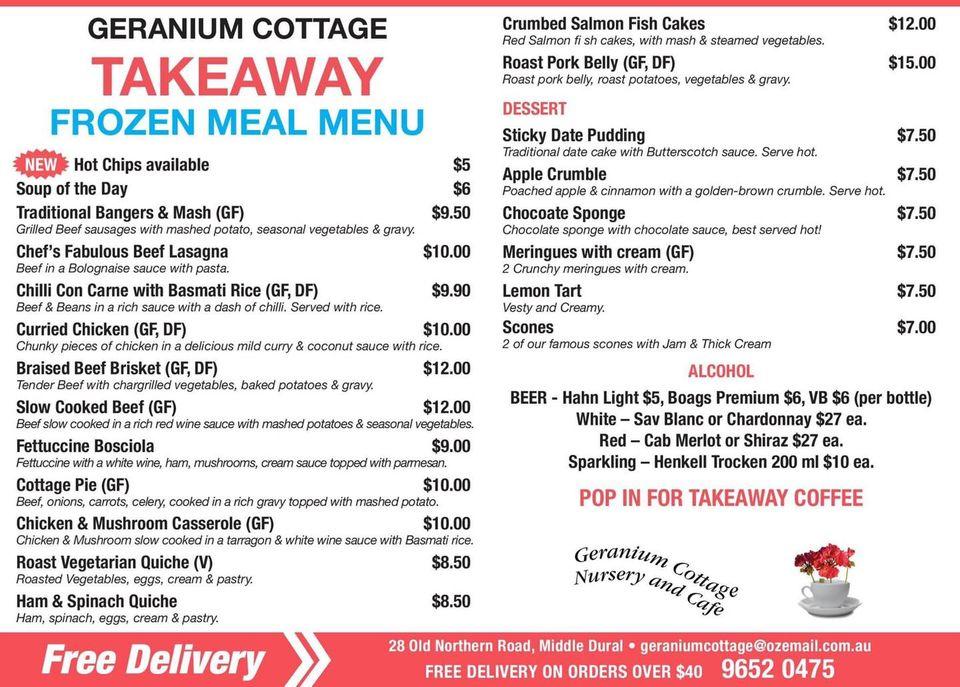 Menu at Geranium Cottage Nursery & Cafe, Middle Dural