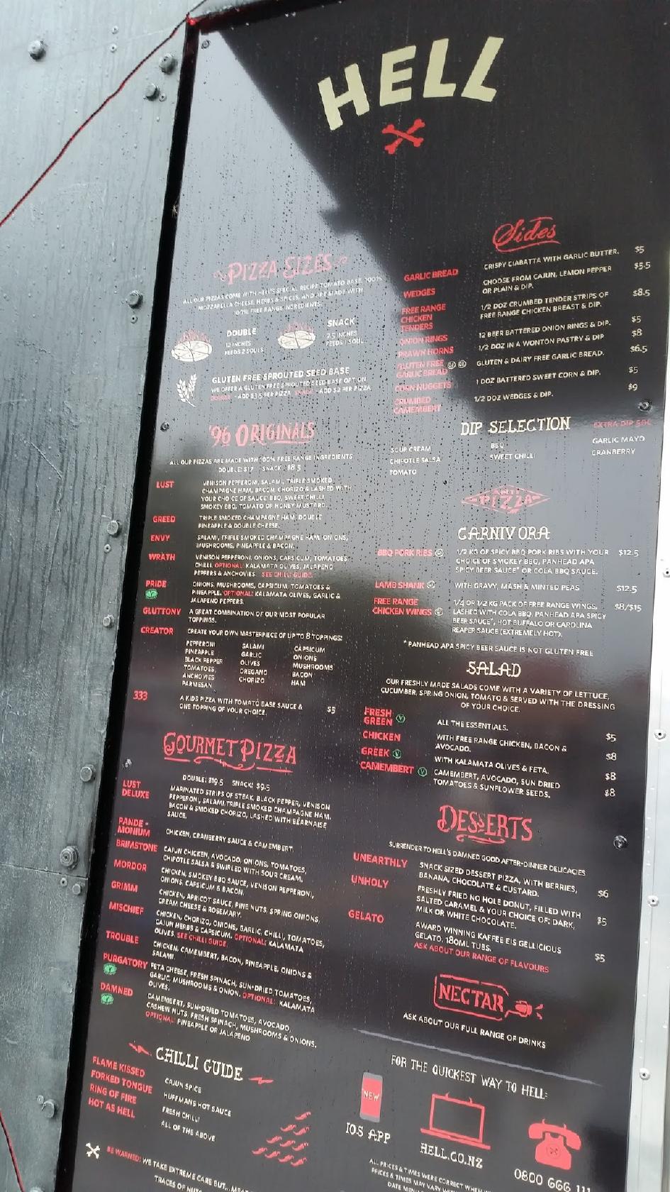 Menu at Hell Pizza Whanganui restaurant, Whanganui