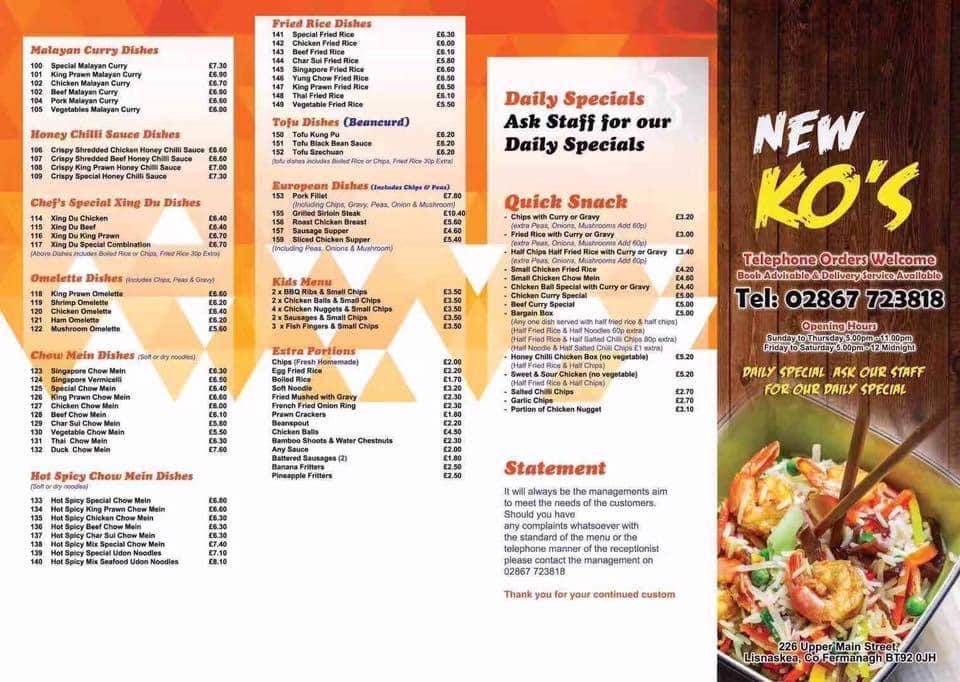 Menu at New Ko's Chinese restaurant, Lisnaskea