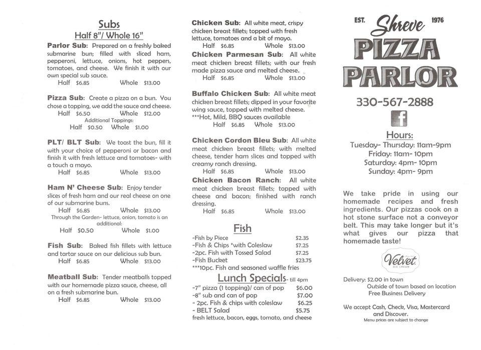 Menu at Pizza Parlor pizzeria, Shreve