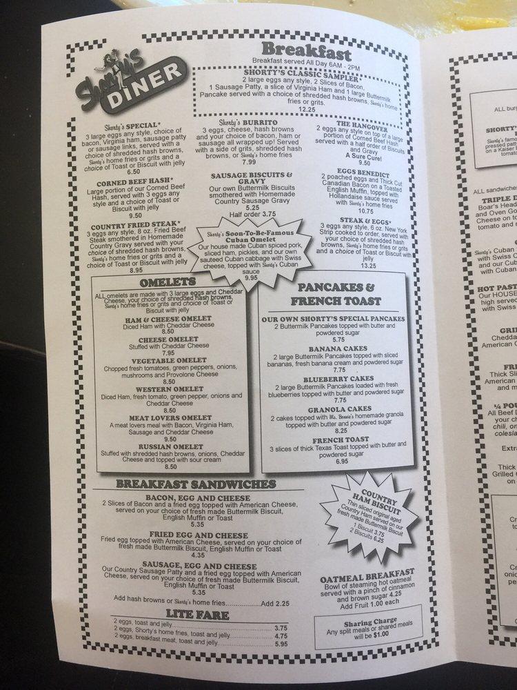 Menu at Shorty's Diner restaurant, Williamsburg