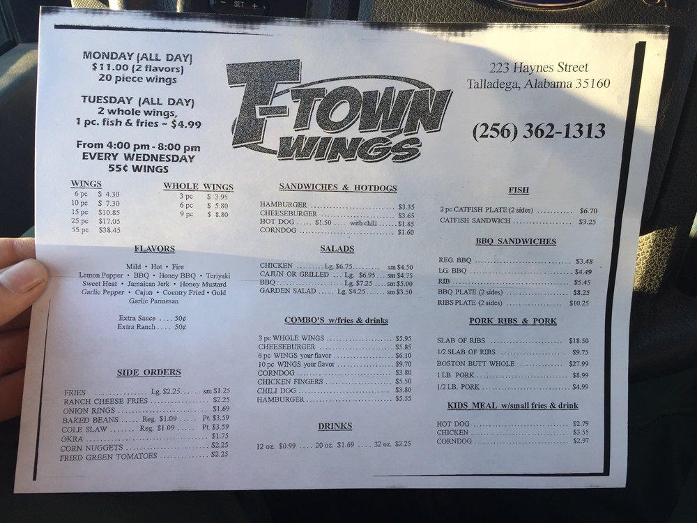 Menu at T Town Wings restaurant, Talladega, 221 Haynes St
