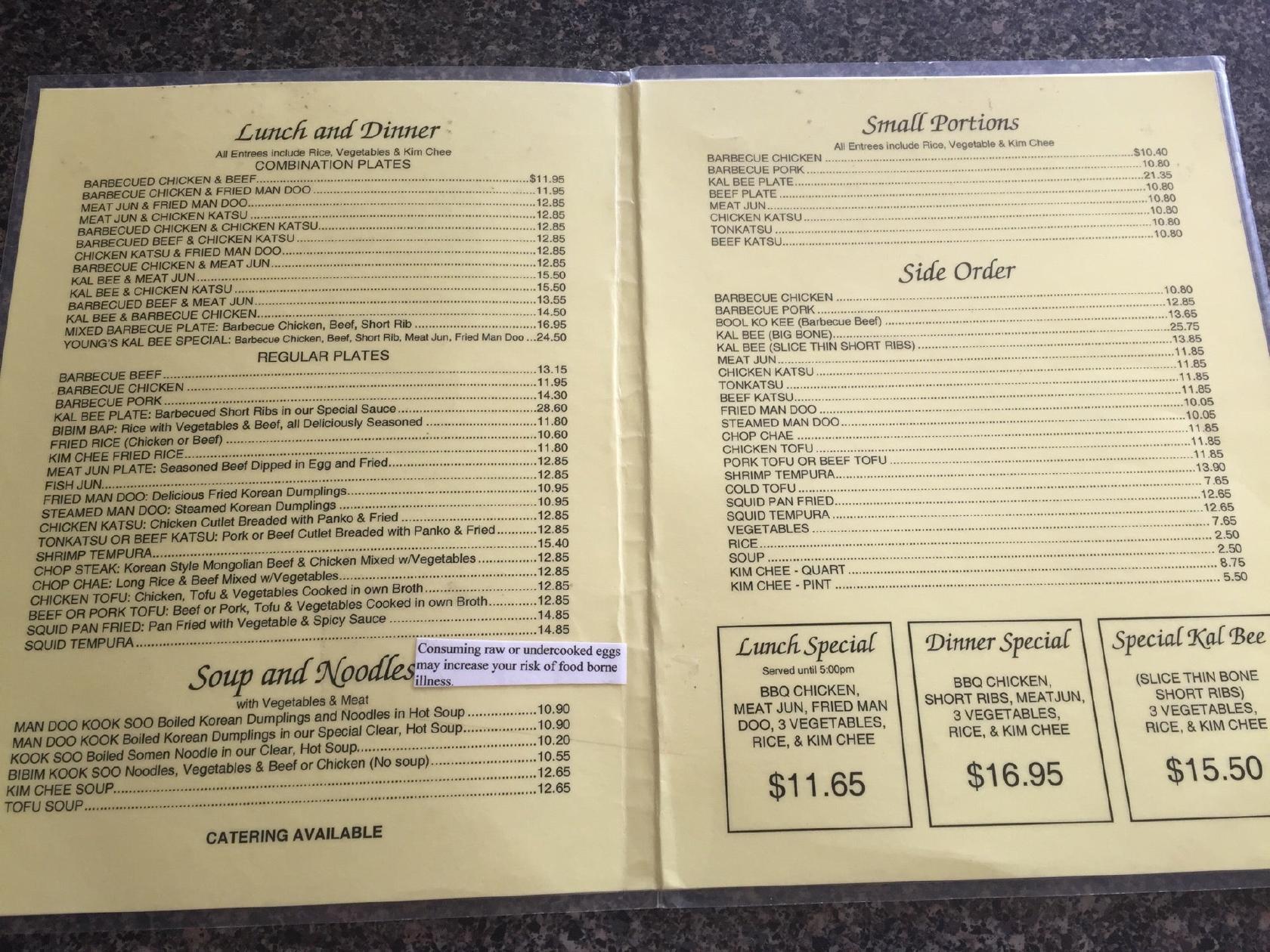 Menu at Young's Kal bee restaurant, Aiea