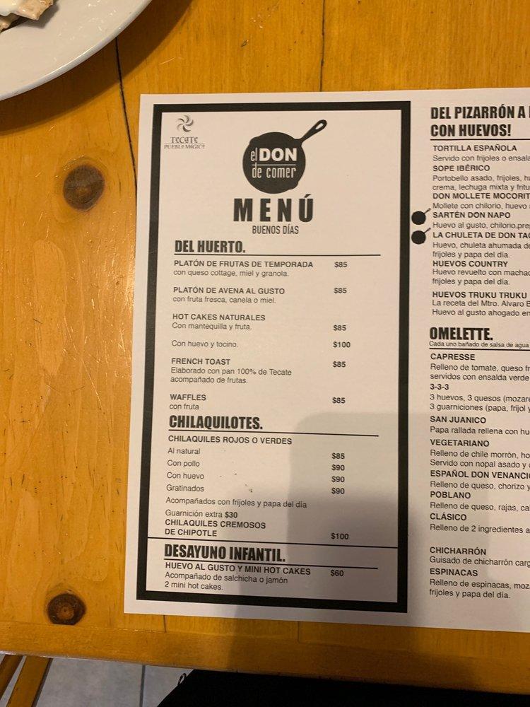 Menu at El Don De Comer restaurant, Tecate
