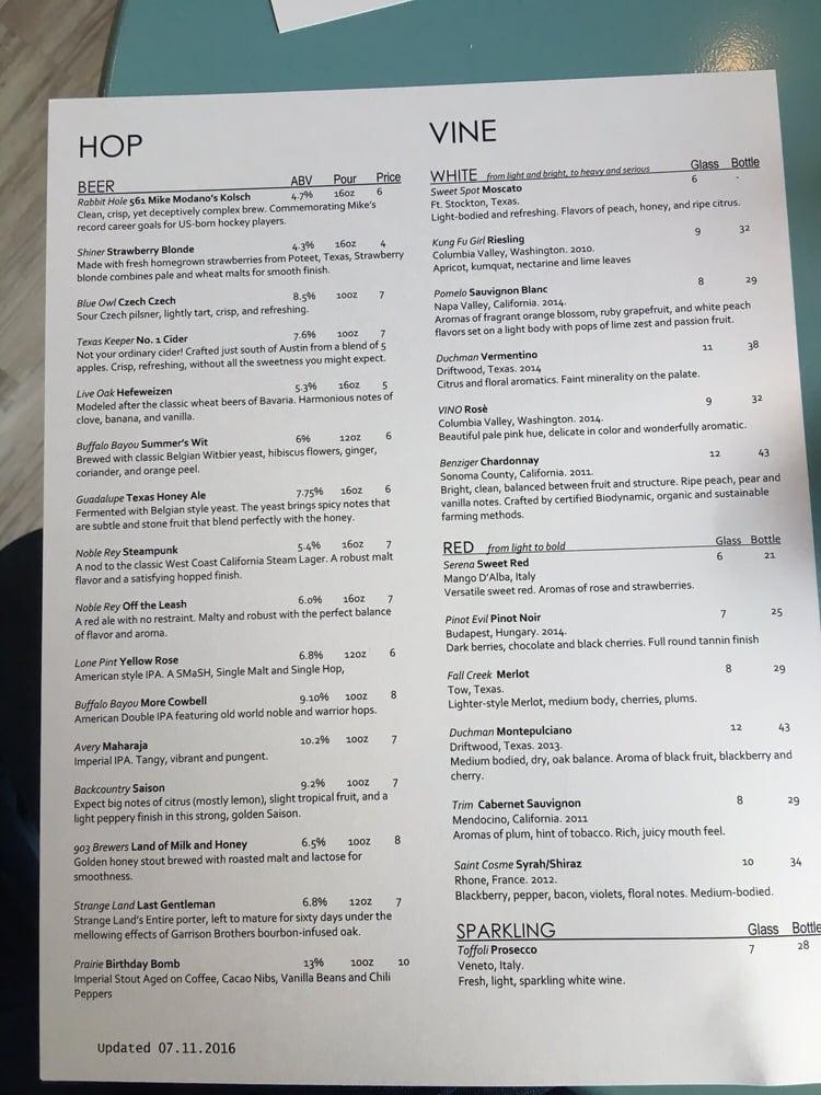 Menu at Hop & Vine restaurant, San Antonio