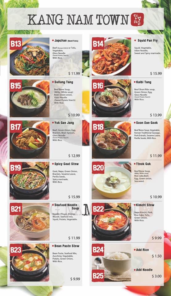 Menu at Kang Nam Town restaurant, Cary