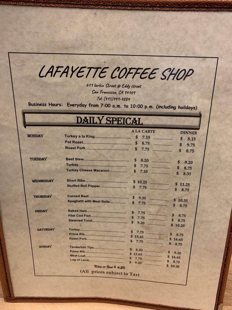 Menu at Lafayette Coffee Shop restaurant, San Francisco, 611 Larkin St