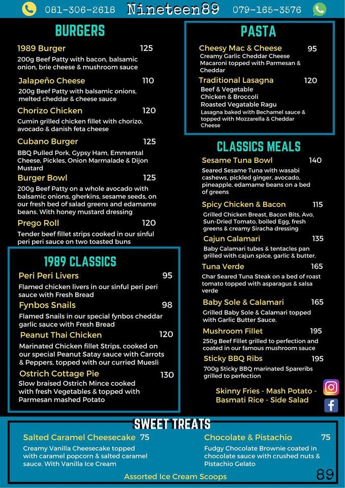 Menu at Nineteen 89 restaurant, Plettenberg Bay