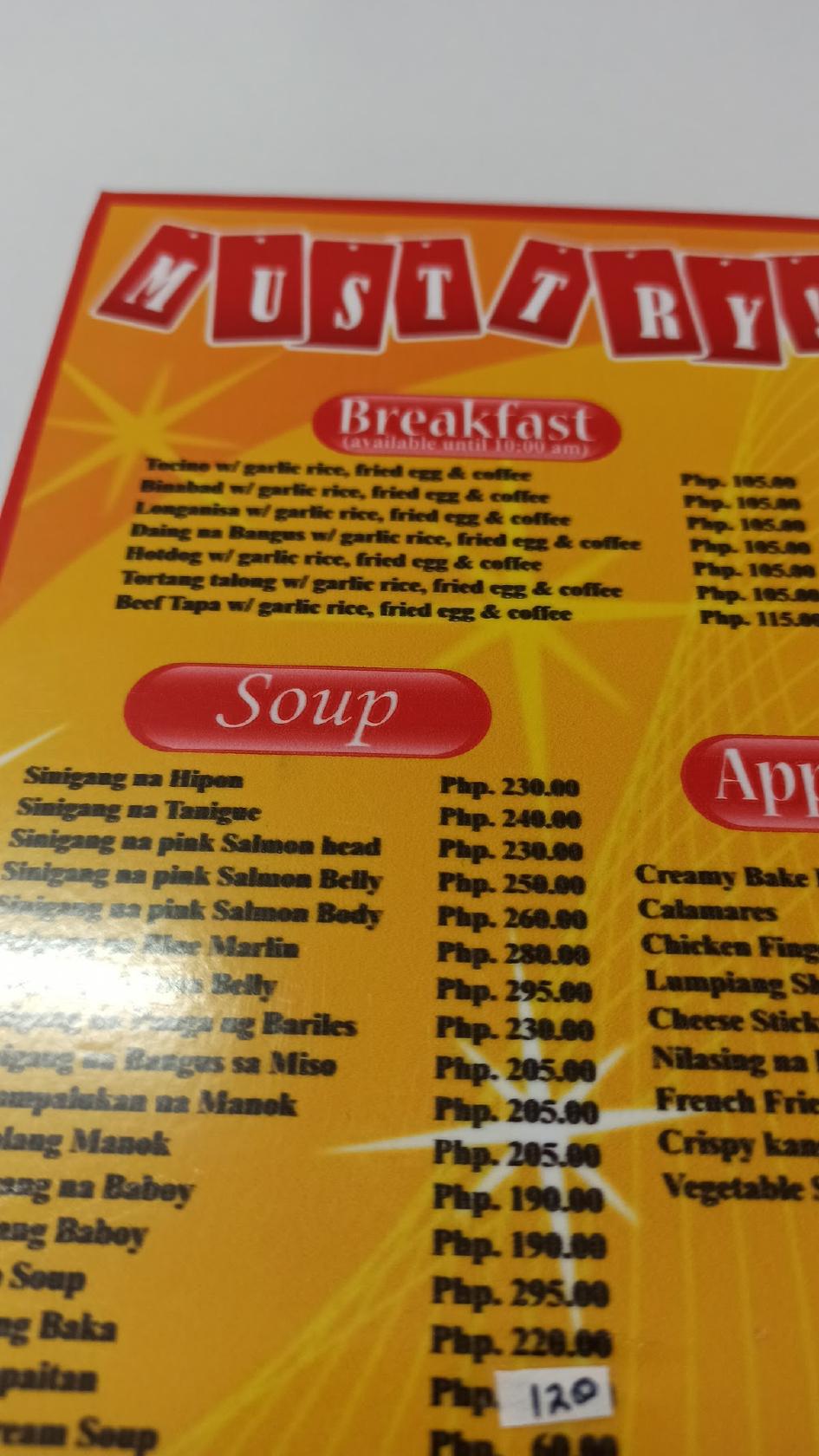 Menu at Razon's restaurant, Cabanatuan City, FXRF+J25