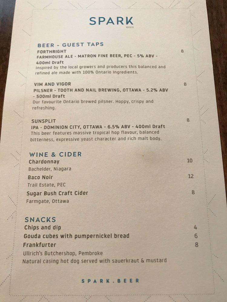 Menu at Spark Beer, Ottawa