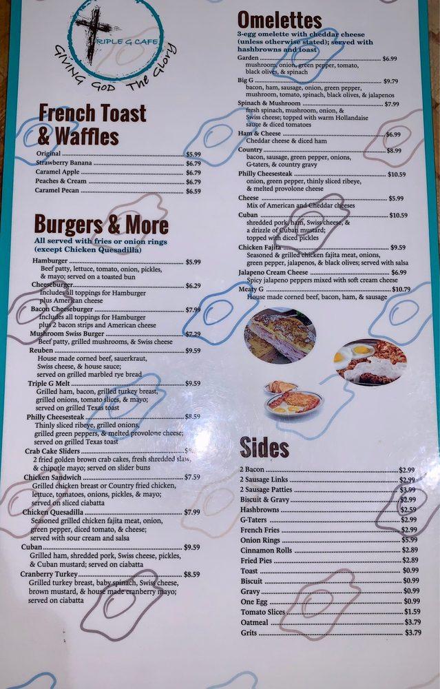 Menu at Triple G Cafe, Stephenville
