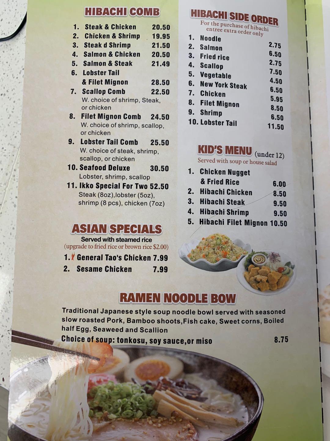 Menu at Ikko Sushi & Hibachi restaurant, Colorado Springs
