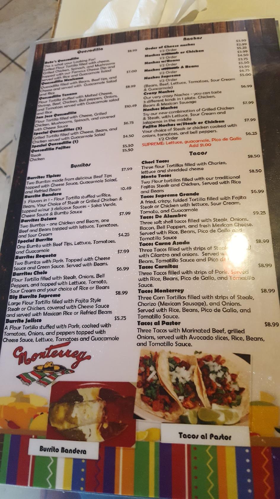 Menu at Monterrey Mexican Restaurant, Greeneville, Tusculum Blvd