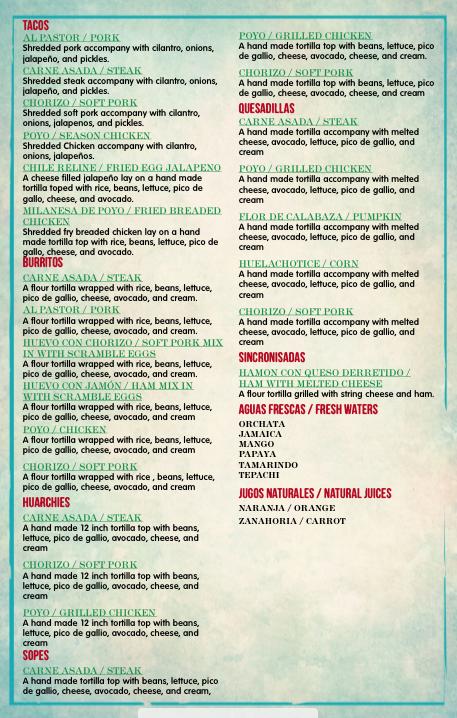 Menu at Panadería Mexicana El Trébol pub & bar, Philadelphia