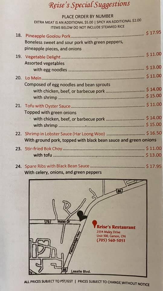 Menu at Reise's Restaurant, Sudbury