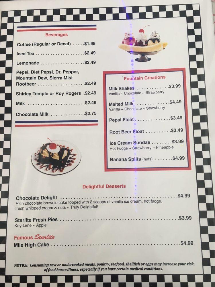 Menu at Starlite Diner restaurant, Daytona Beach